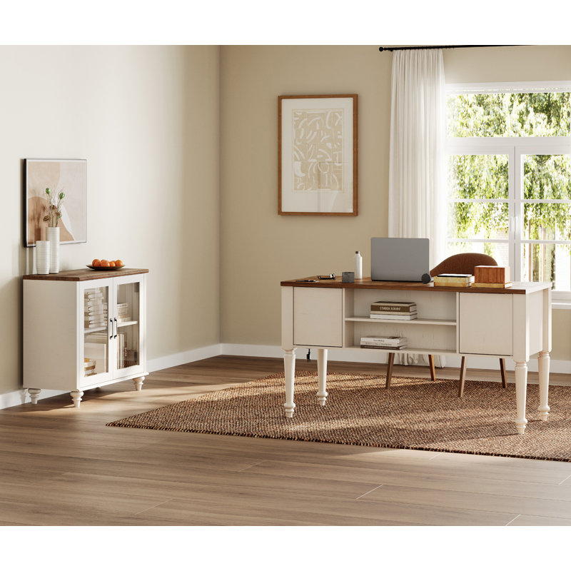 Ophelia & Co. 2 Piece Office Set, 56" Executive Desk & Cabinet With Glass Door, White | Wayfair
